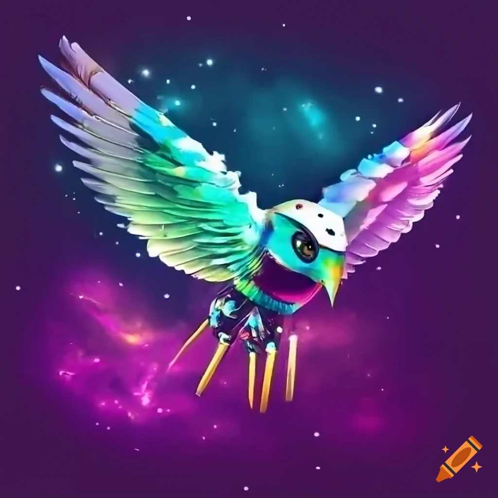Robot bird soaring through a cyberpunk nebula on Craiyon