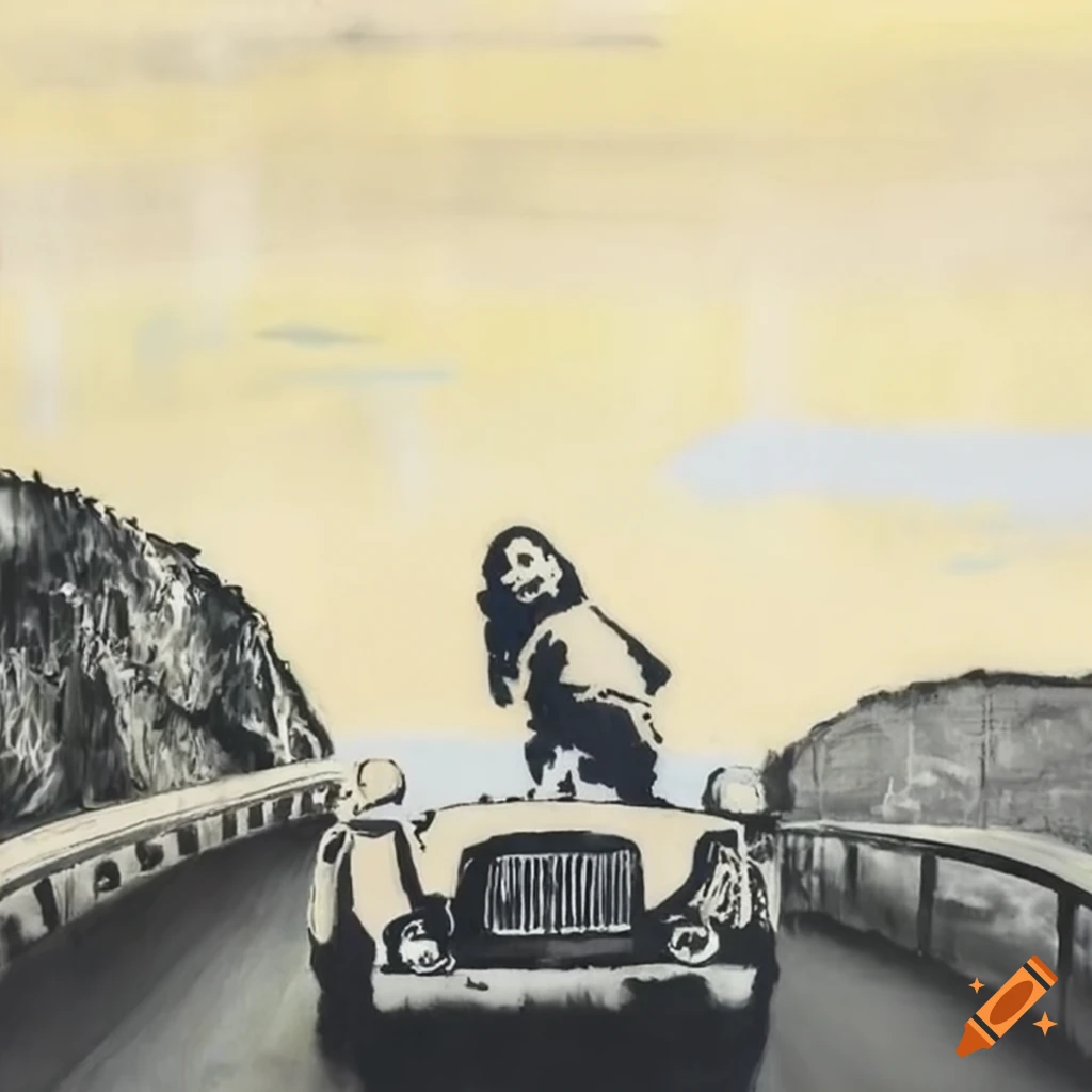 Convertible car on a sunny highway in a Banksy style artwork on Craiyon