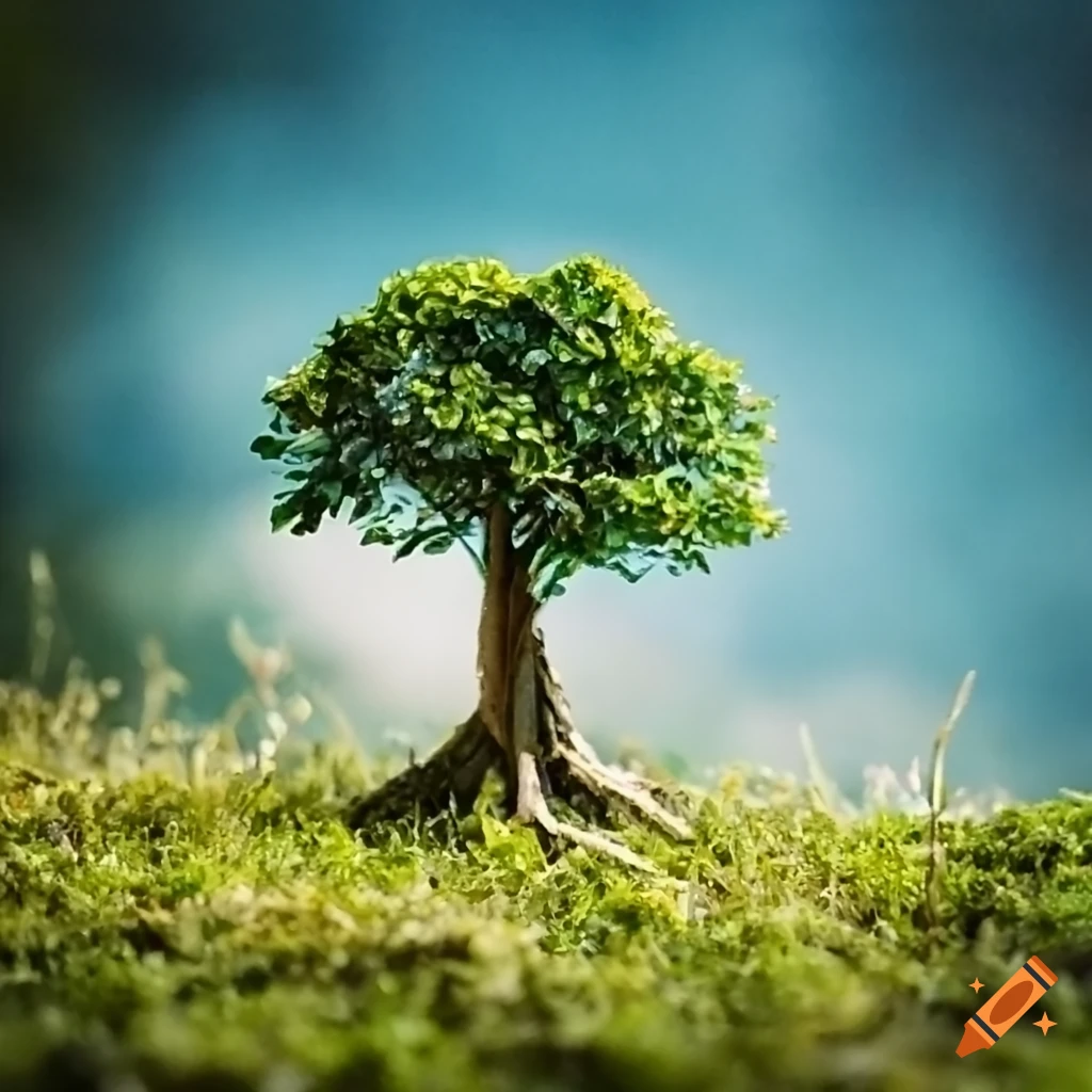 Miniature tree with visible roots in a diorama on Craiyon