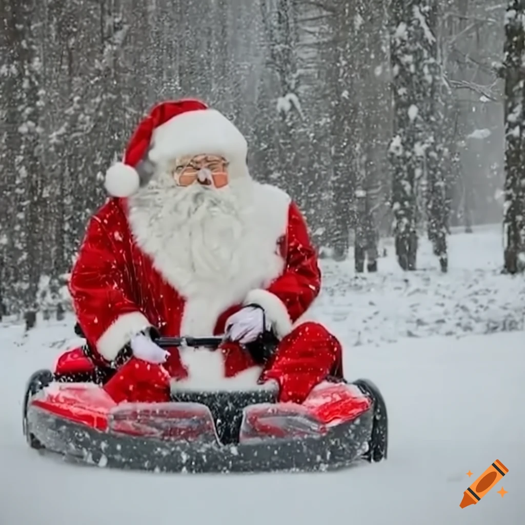 Santa driving a go kart in falling snow on Craiyon