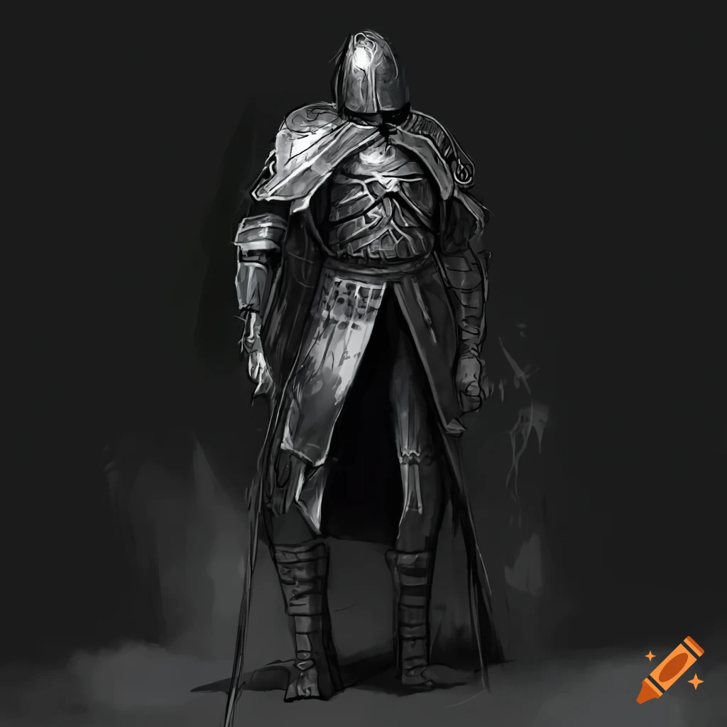 Sketchy concept art of a dark medieval knight in black and gray tones ...