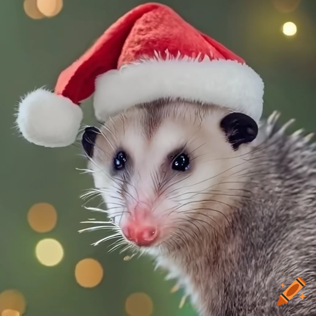 Opossum in a santa hat next to a Christmas tree on Craiyon