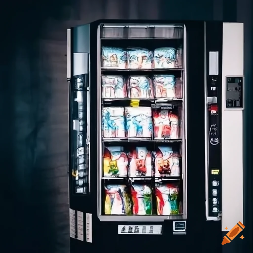White vending machine with digital display at train station on Craiyon
