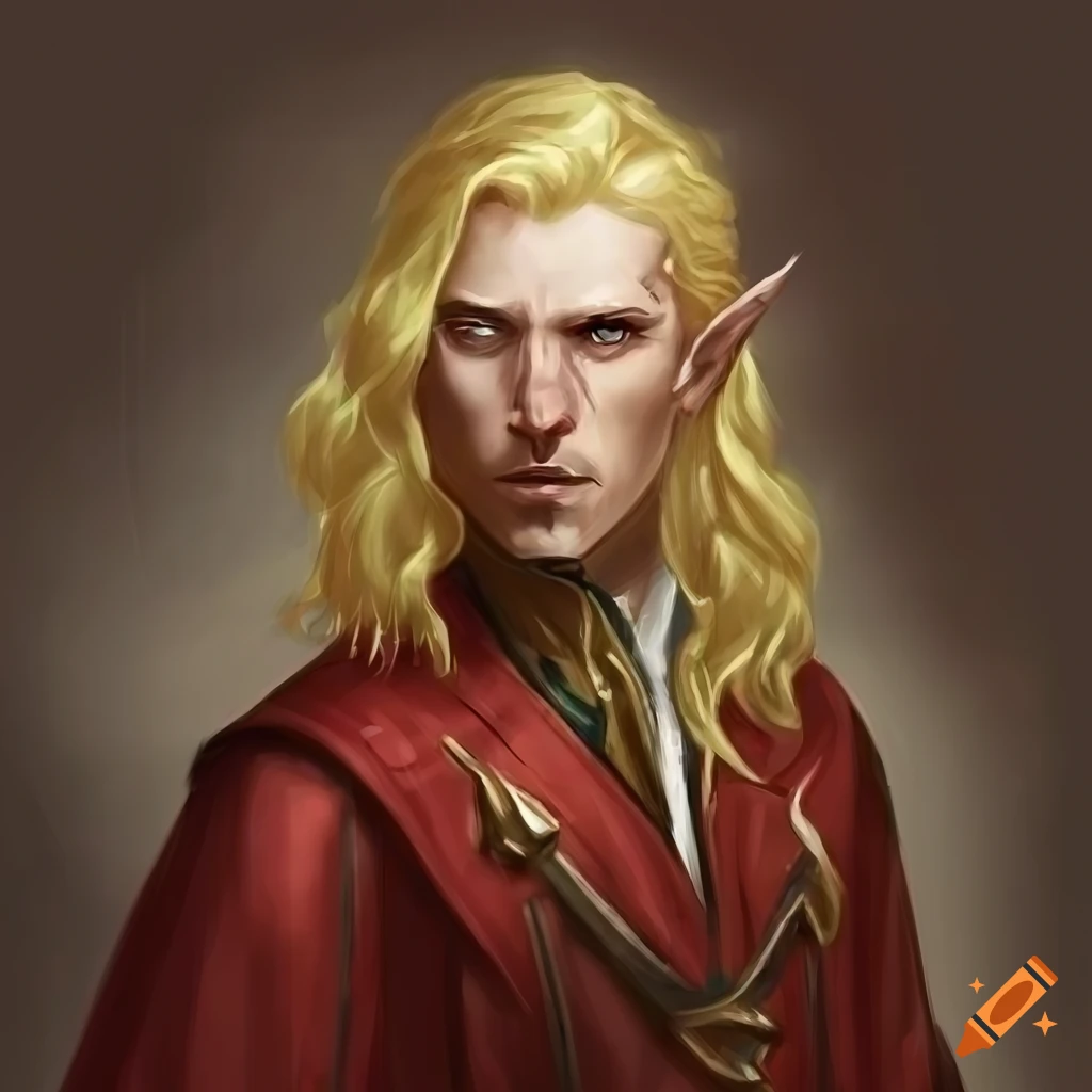 Elvish wizard with gold skin and blonde hair in red robe on Craiyon