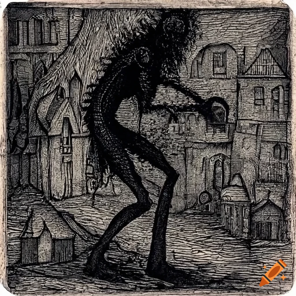 Medieval etching of shadowy humanoid creature tormenting village on Craiyon