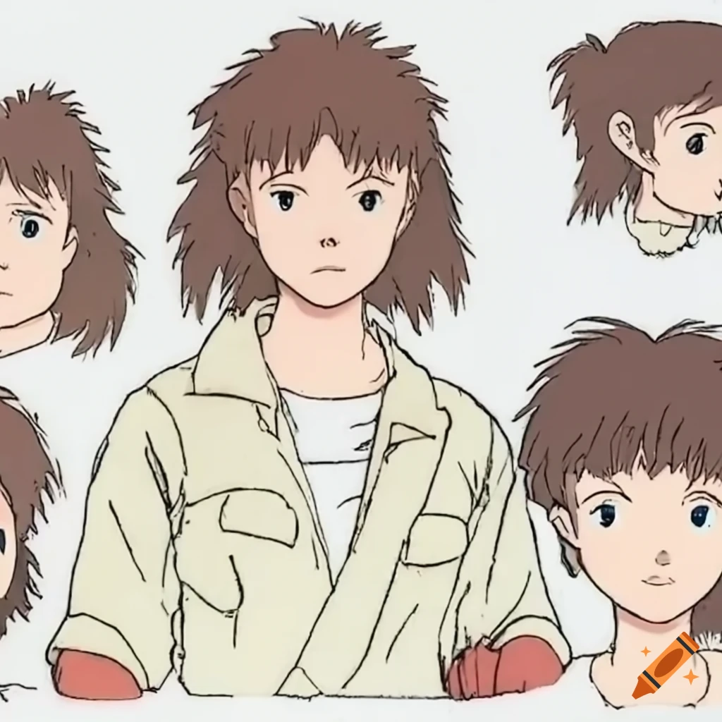 Studio Ghibli style model sheet of an army mechanic with 80's hair on ...