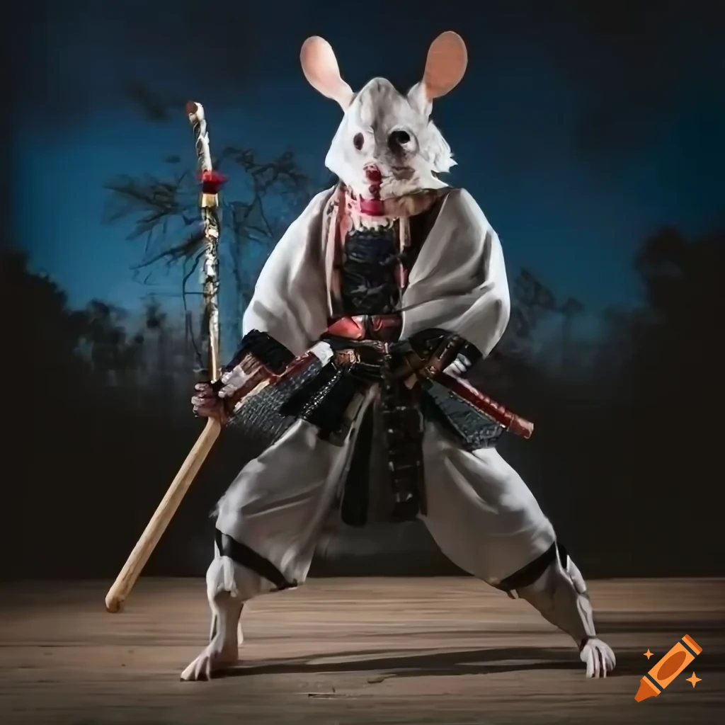 Fierce samurai warrior humanoid rat in battle pose with a wooden staff ...