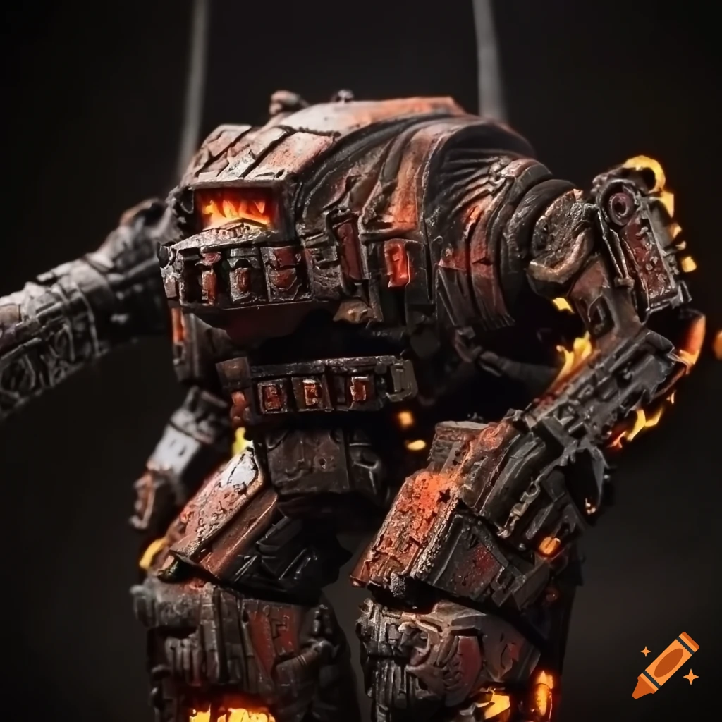 Dark colored siege chaos mech with orange glowing parts on Craiyon