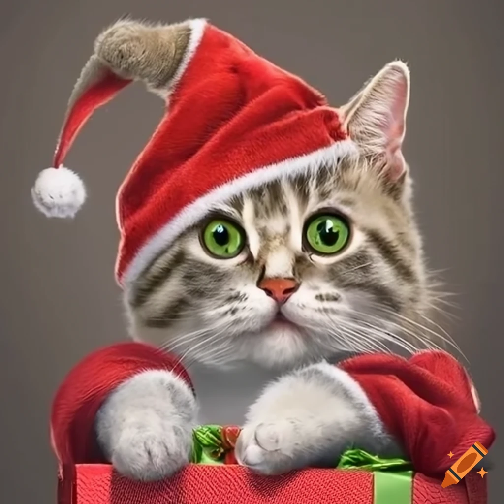 Happy christmas kitty surrounded by presents on Craiyon