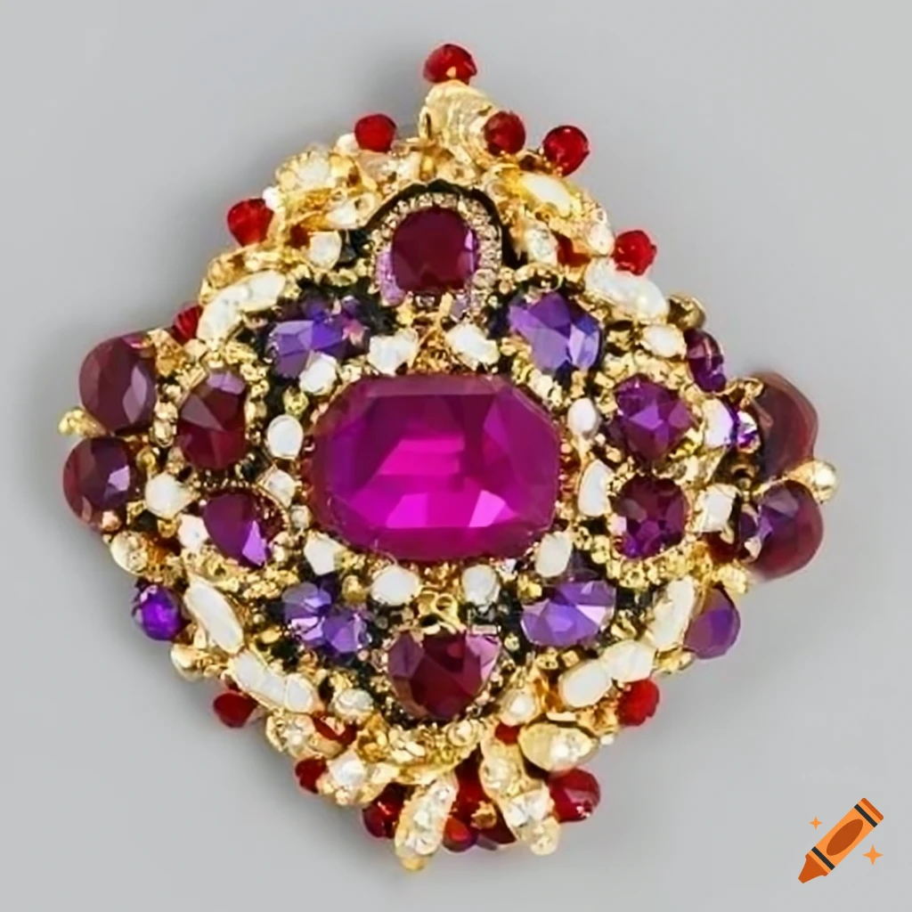 Rococo style brooch with square-cut ruby and colorful beads on Craiyon