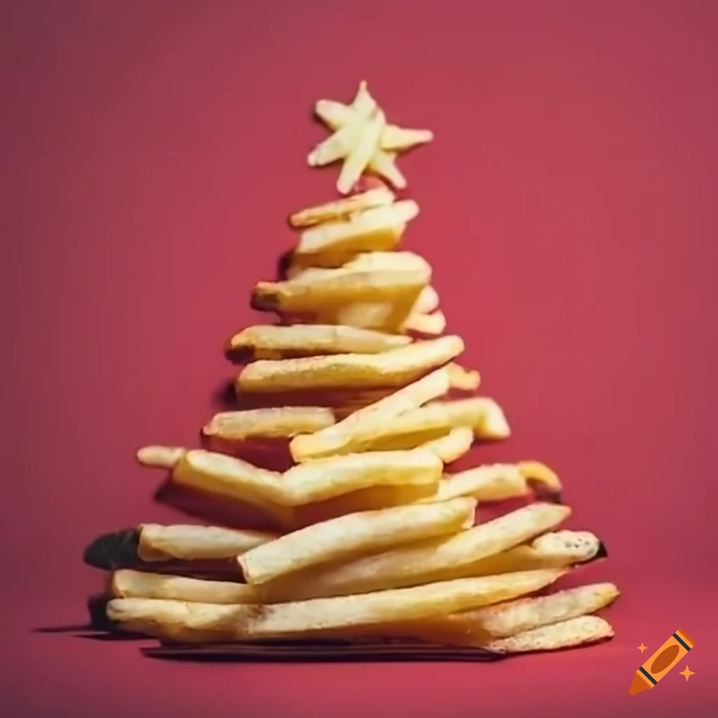 Christmas tree made of fries on red background on Craiyon