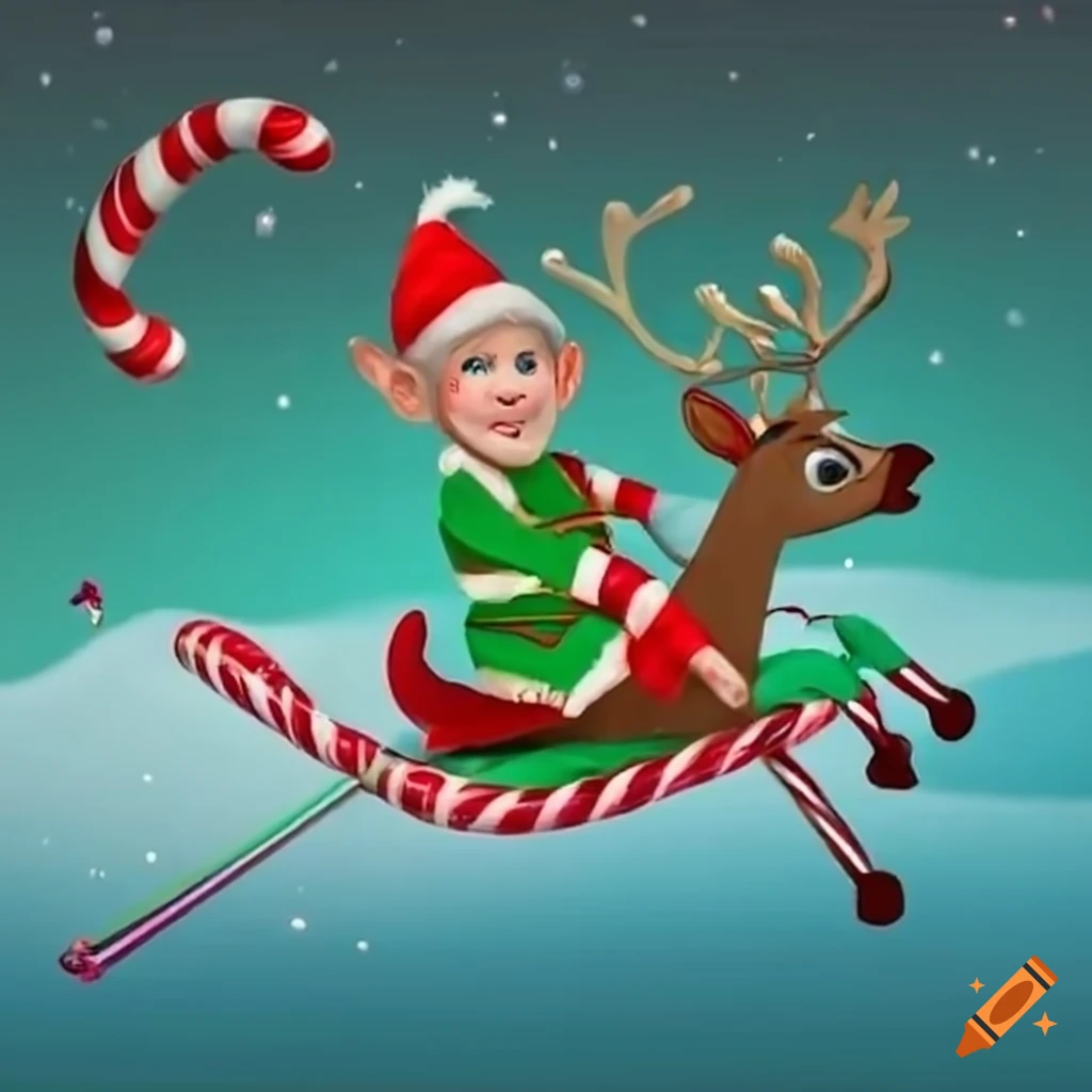 Elf riding a reindeer on candy cane skis on Craiyon
