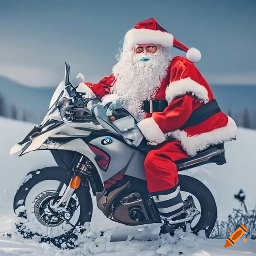 Santa claus riding a bmw 1200 gs motorcycle in the snow on Craiyon