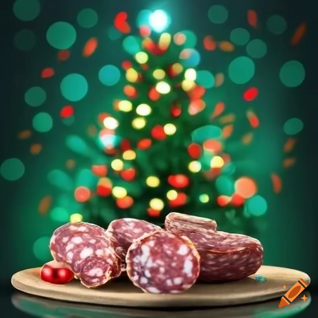 Christmas tree decorated with salami in a realistic bokeh photo on Craiyon