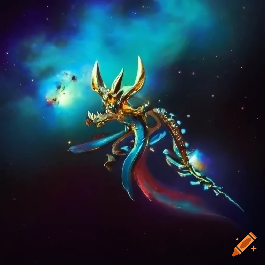 Mechanic creature with metallic wings soaring through a space nebula on ...