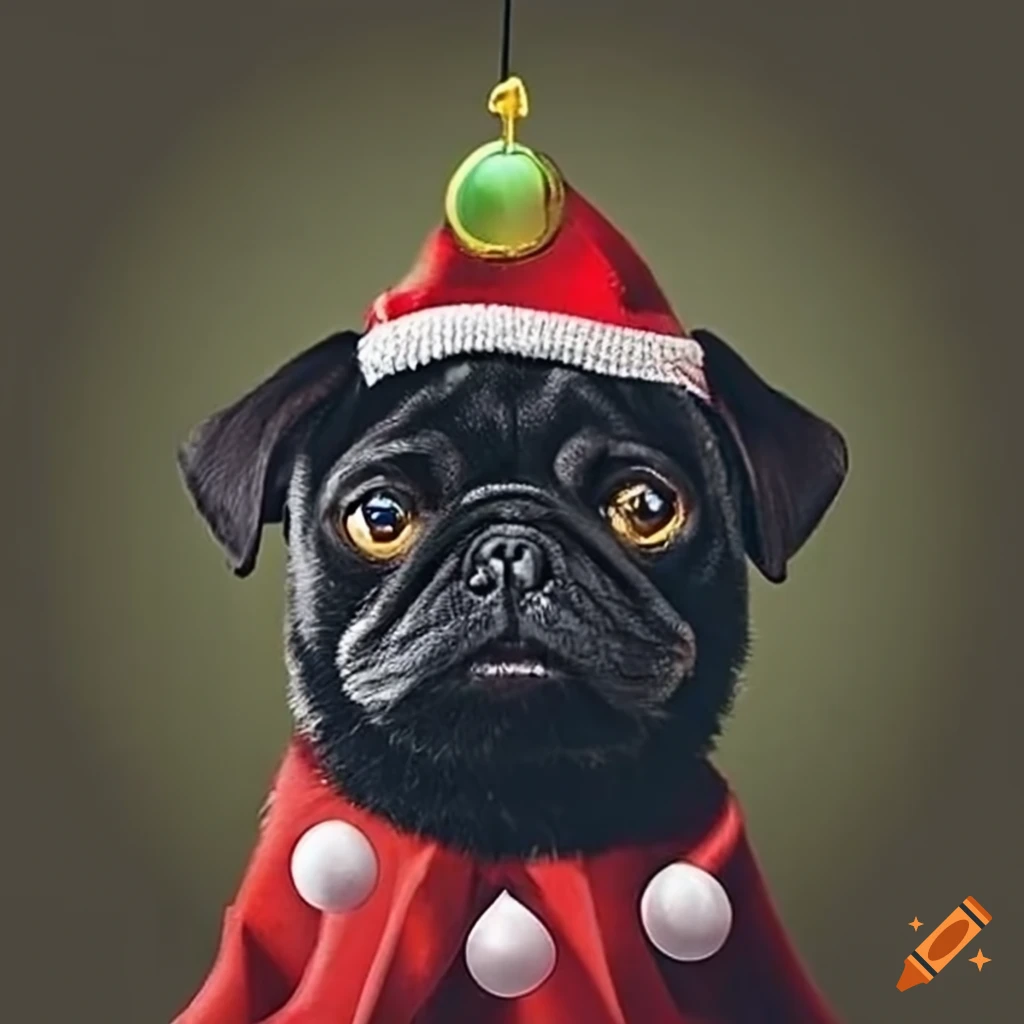 Black pug sitting by a christmas tree on Craiyon