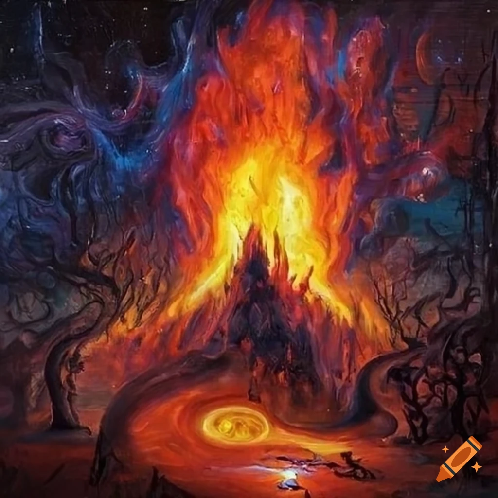 Chaotic raging flame with spectral animals and constellations in a dark ...