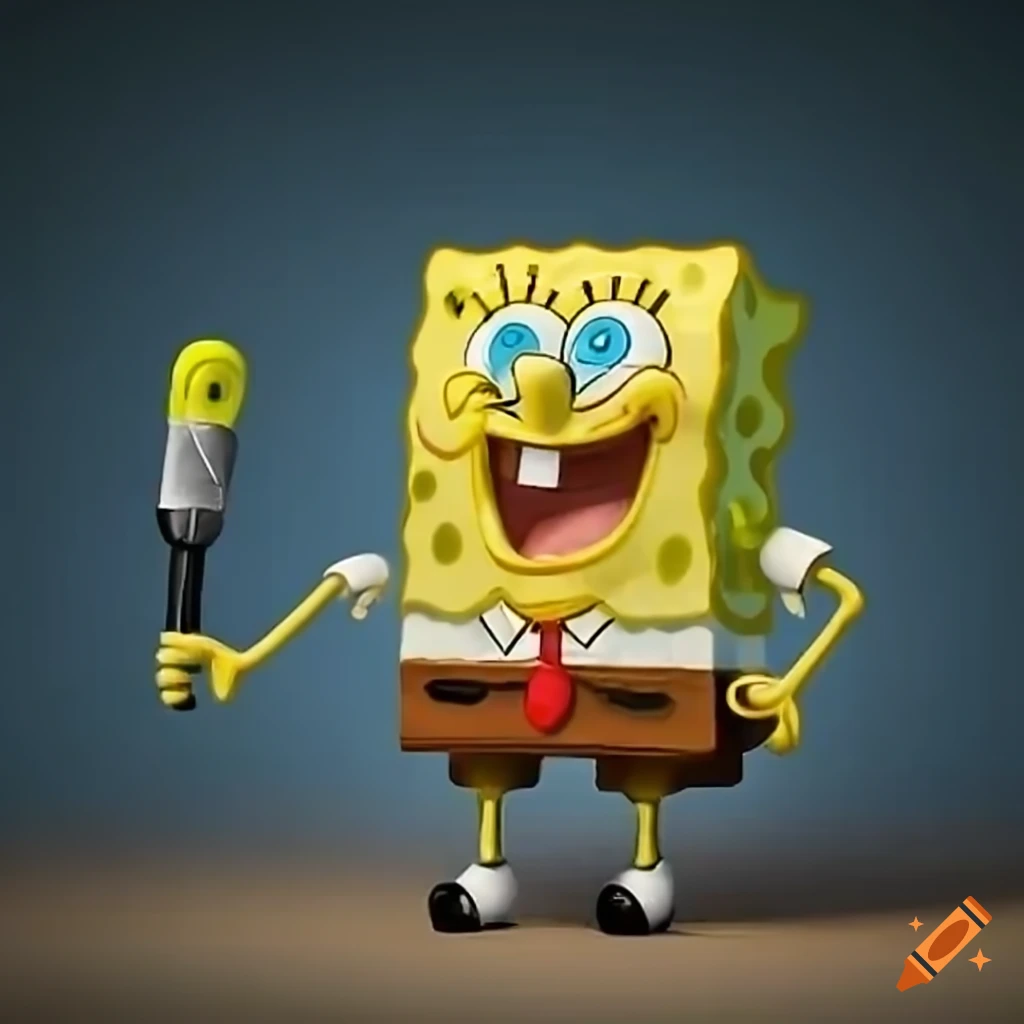 SpongeBob at a loud party holding a microphone wearing a black hat with ...