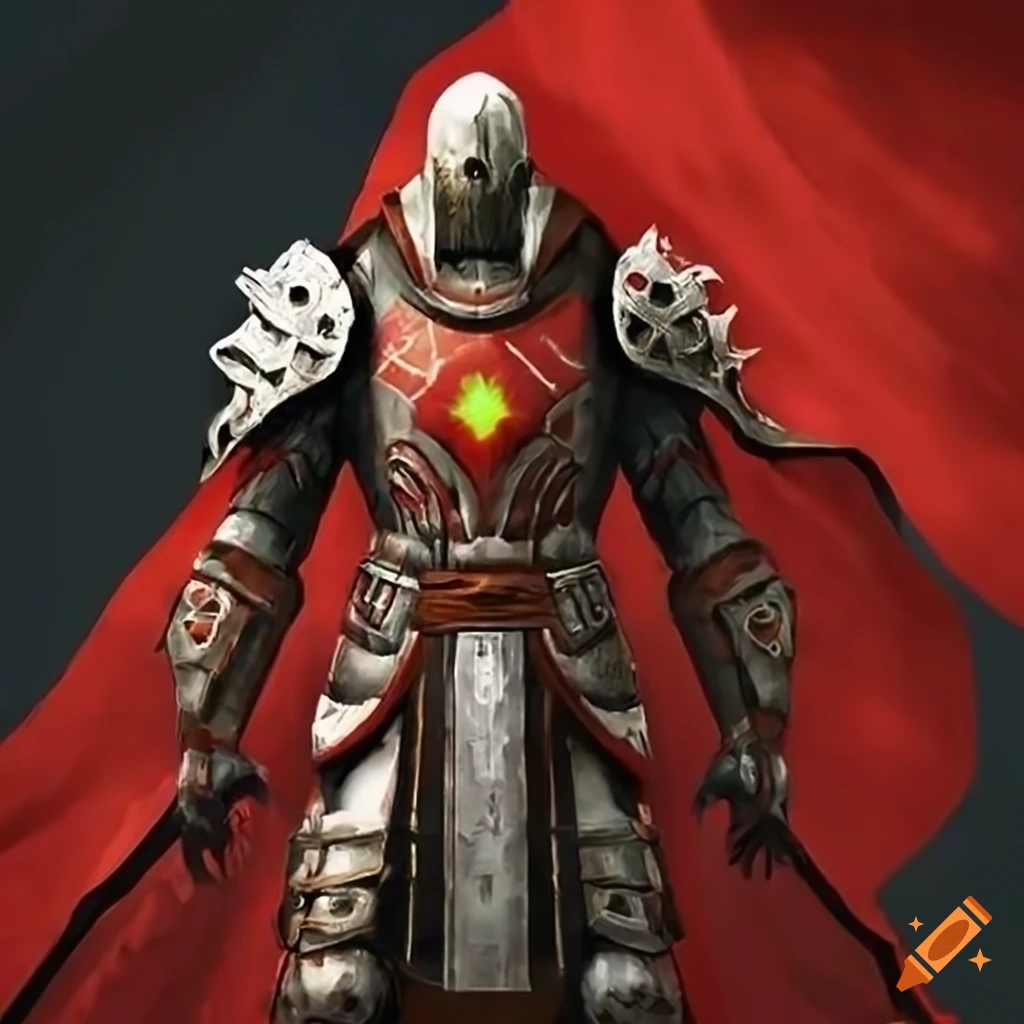 Fierce warrior with imposing armor and vibrant red cape inspired by the ...