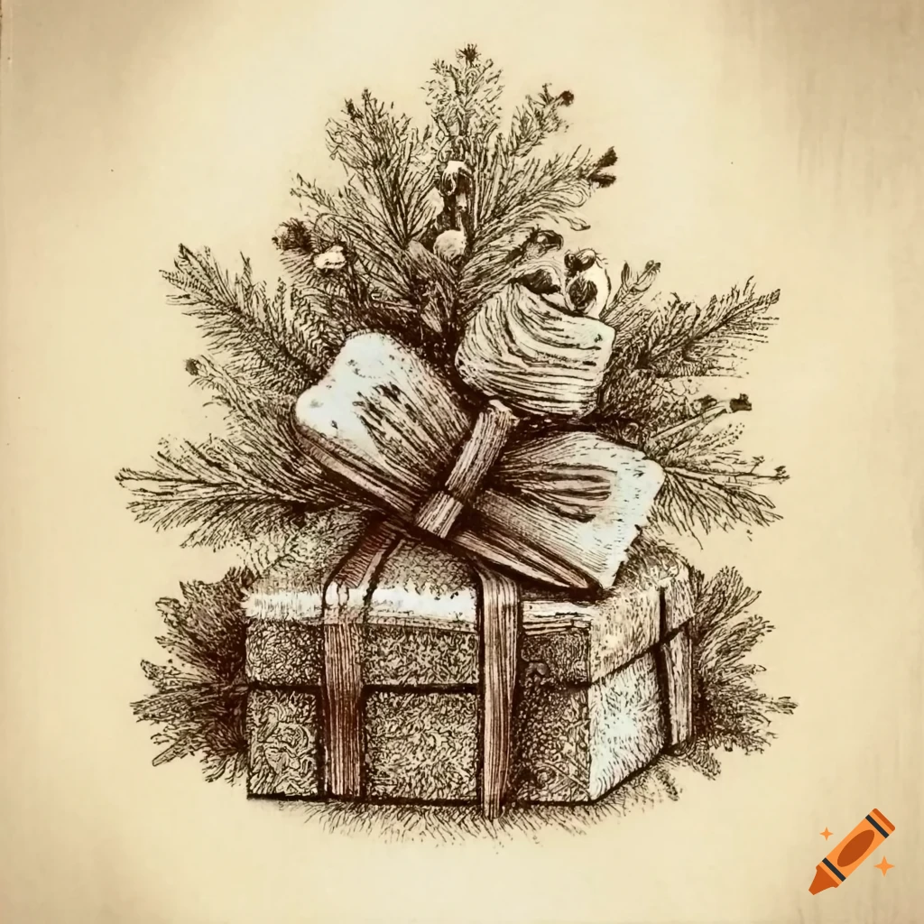 Victorian christmas presents drawing in warm cream and gold tones on ...