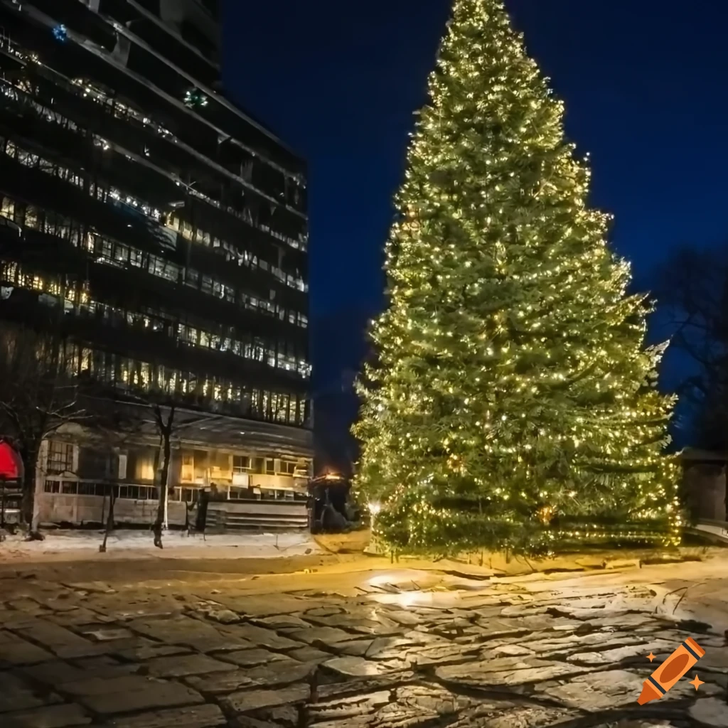 Huge christmas tree in an alley with natural lighting on Craiyon