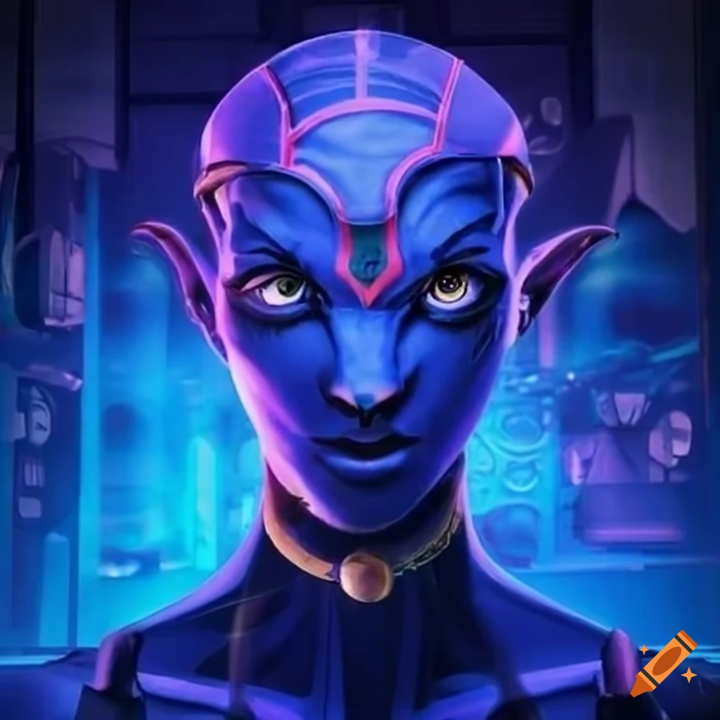 Blue-skinned avatar inside a computer glass case pc tower on Craiyon