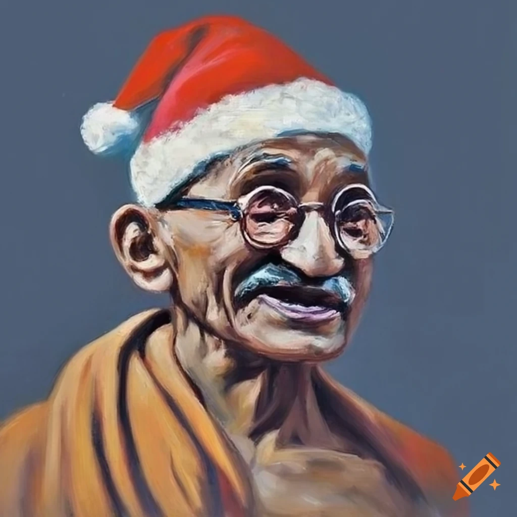 Claude monet painting of mahatma gandhi with a christmas hat on Craiyon