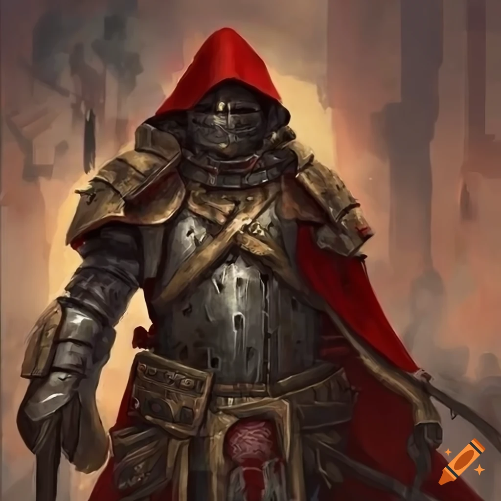Battlemage in heavy armor with red cape in detailed concept art on Craiyon
