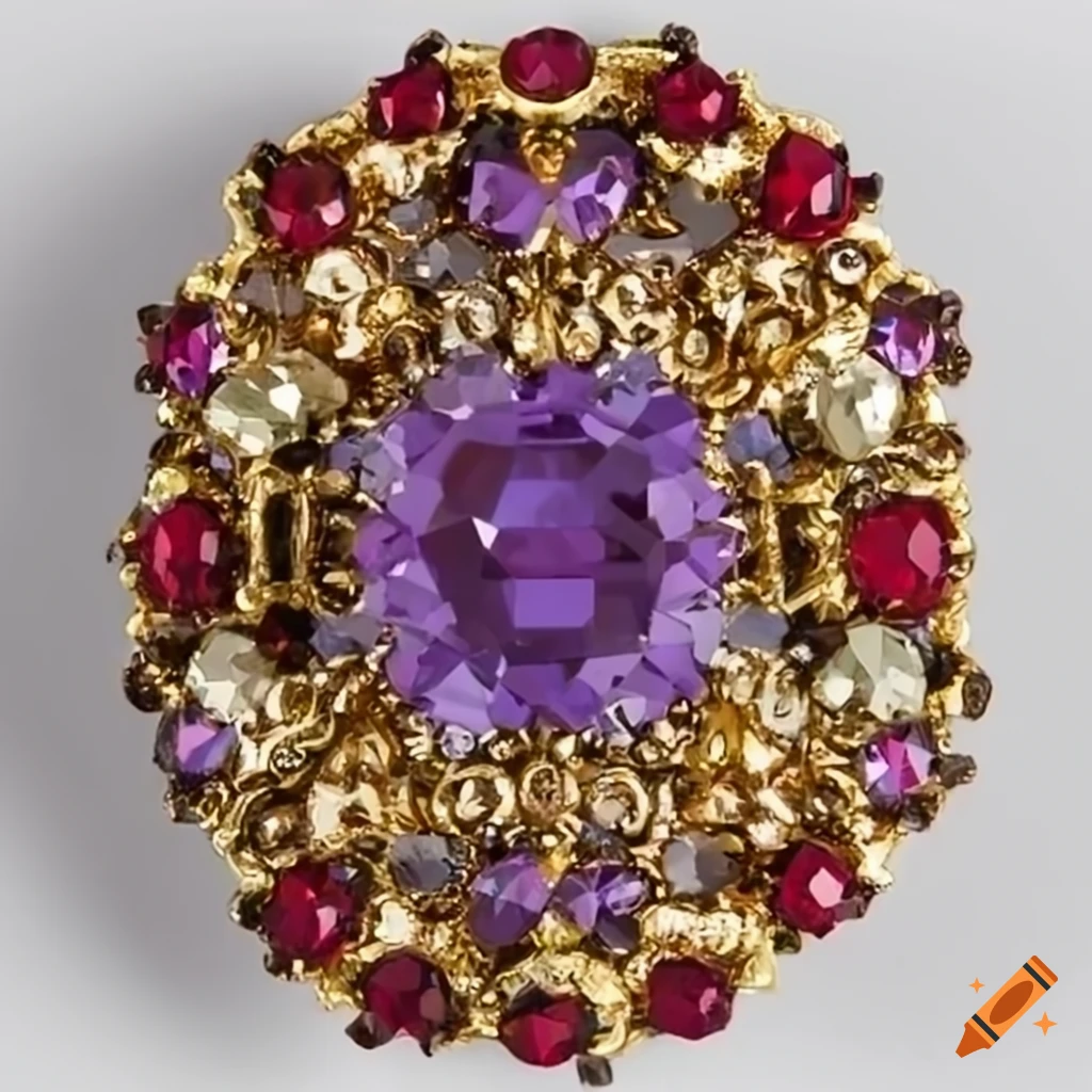 Beaded rococo brooch with square-cut ruby and various colored beads on ...