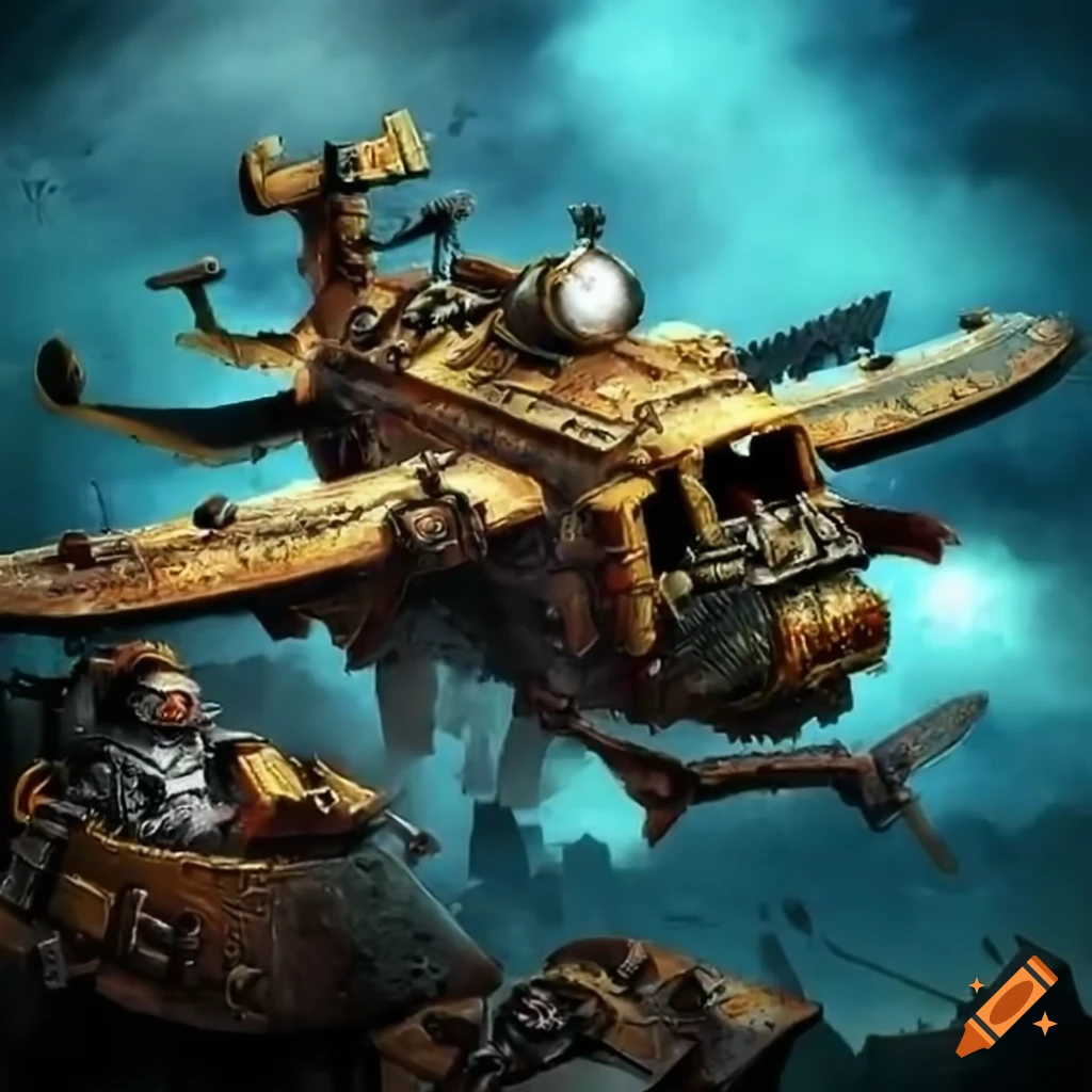Steampunk tank vs airplane in a warhammer ork setting on Craiyon