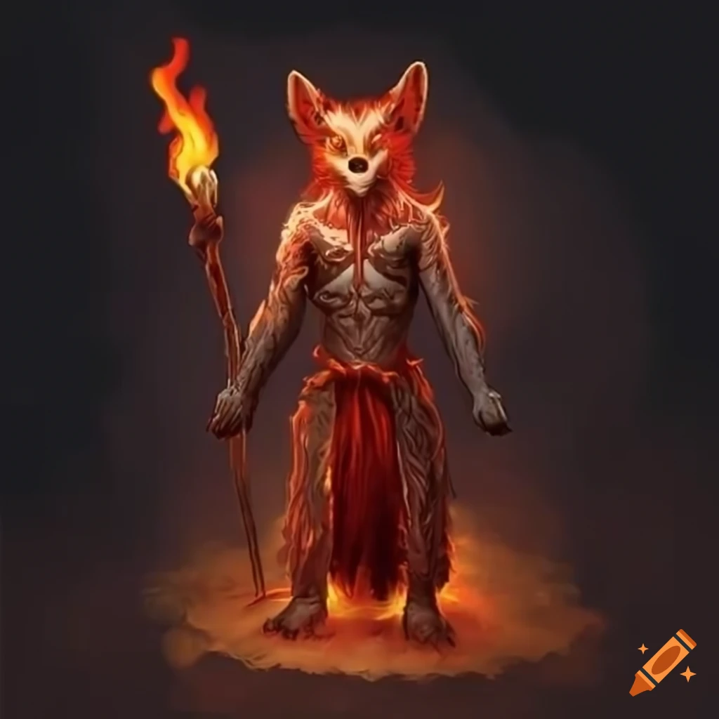Small detailed fire devils with fox faces and flames, holding torches ...