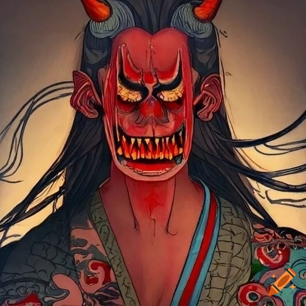 Ukiyo-e demon with slicked back hair and red skin on Craiyon