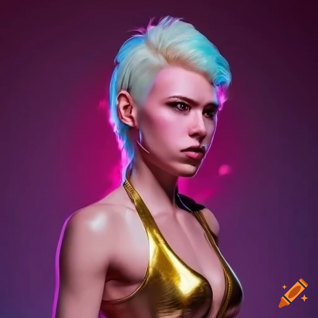 Cyberpunk woman with platinum blonde mullet and fashionable outfit on ...