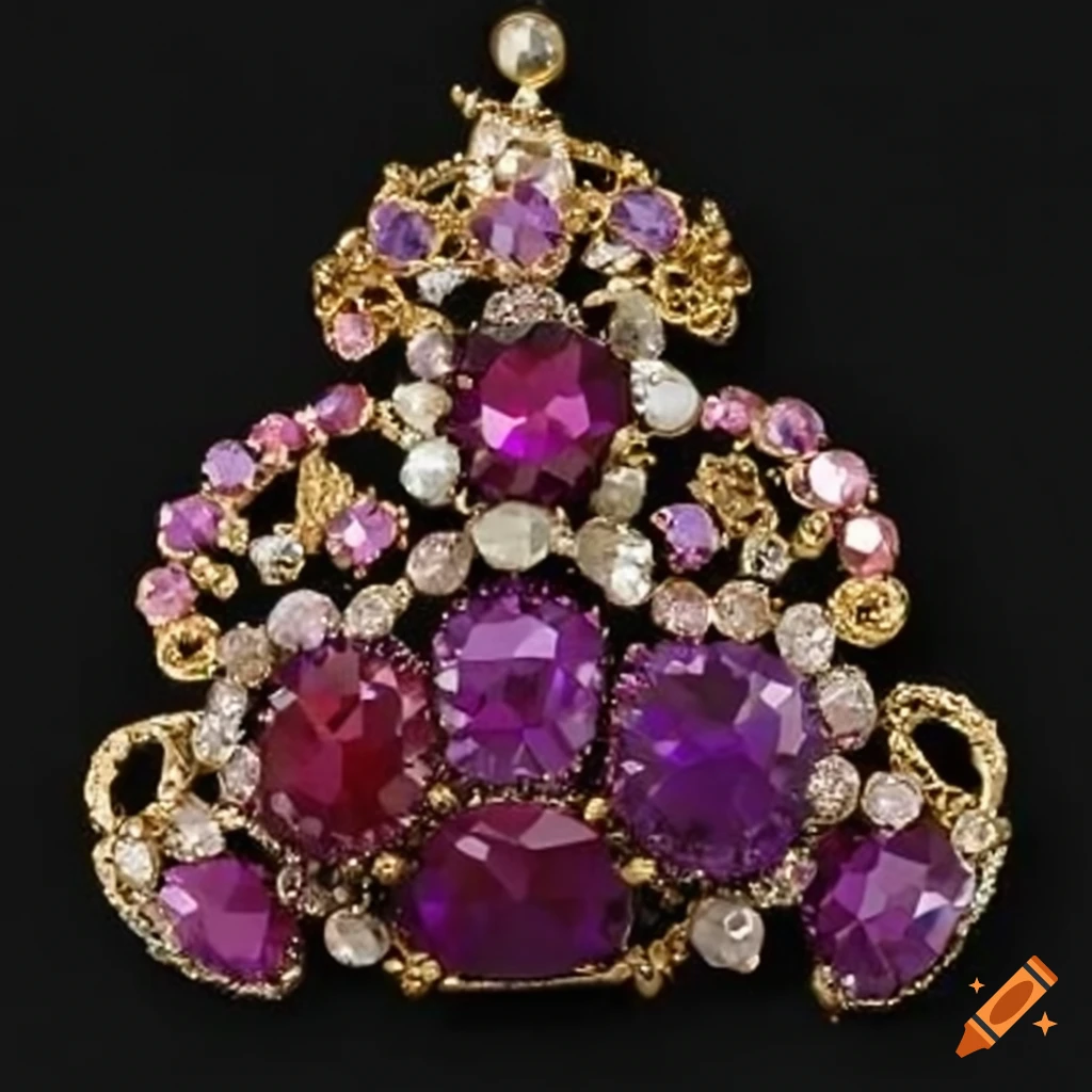 Rococo style brooch with square-cut ruby and colorful beads on Craiyon