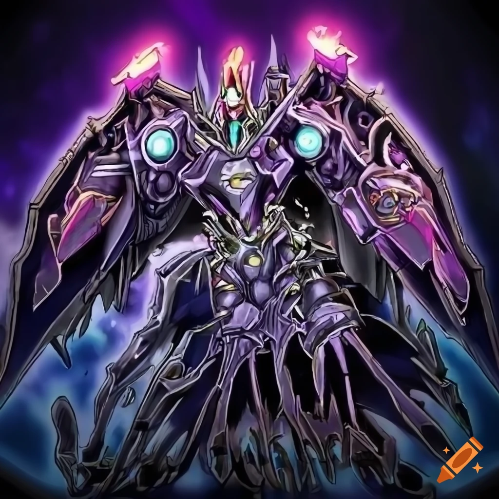 Artwork in yugioh style depicting a mechanical divine entity guardian ...