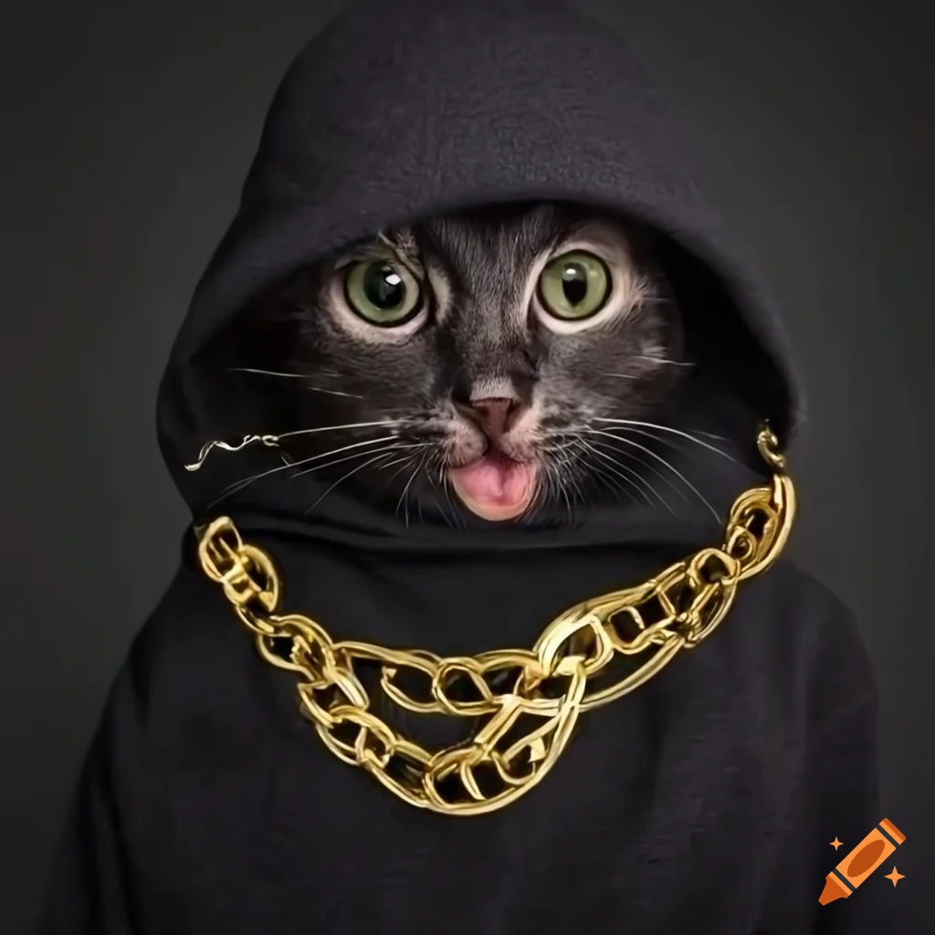 Mysterious kitten in a black hoodie with a gold chain on Craiyon