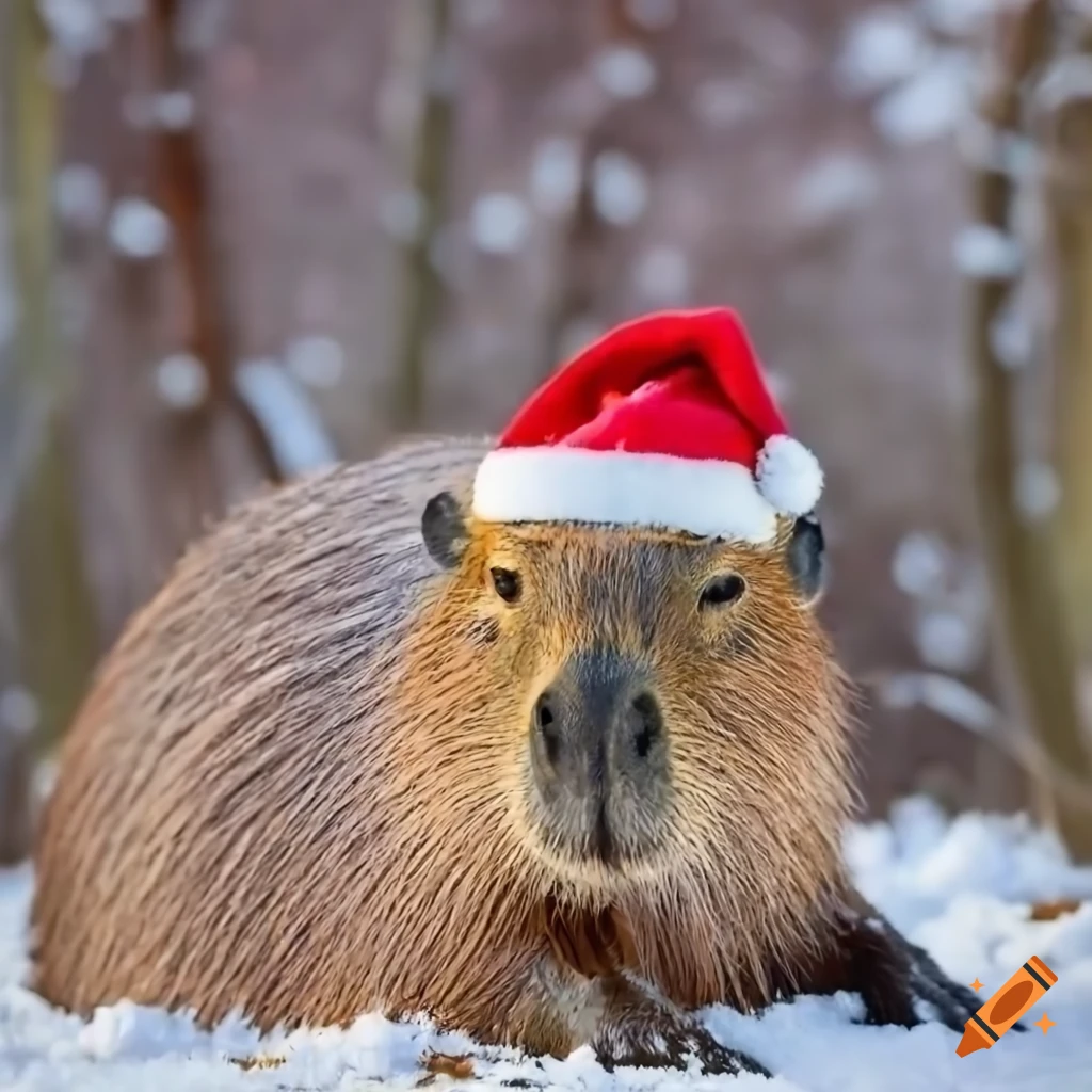 Capybara wearing a santa hat in a snowy setting on Craiyon