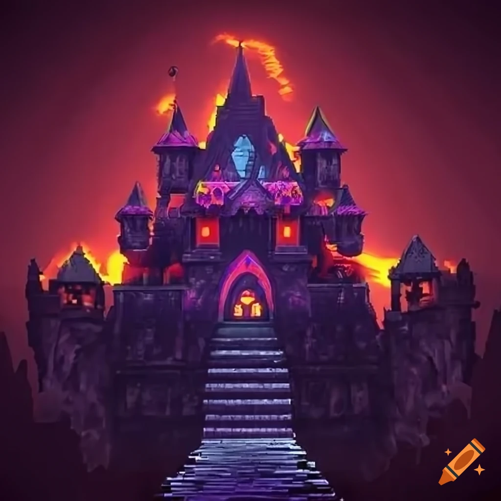 Elegant retro video game castle inside a lava world with Gothic architecture on Craiyon