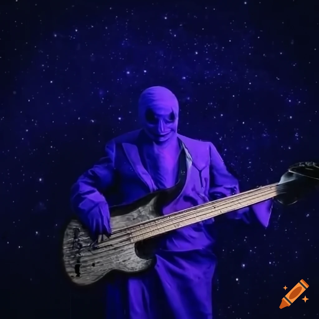 Man in suit playing bass guitar in space with shining planets on Craiyon