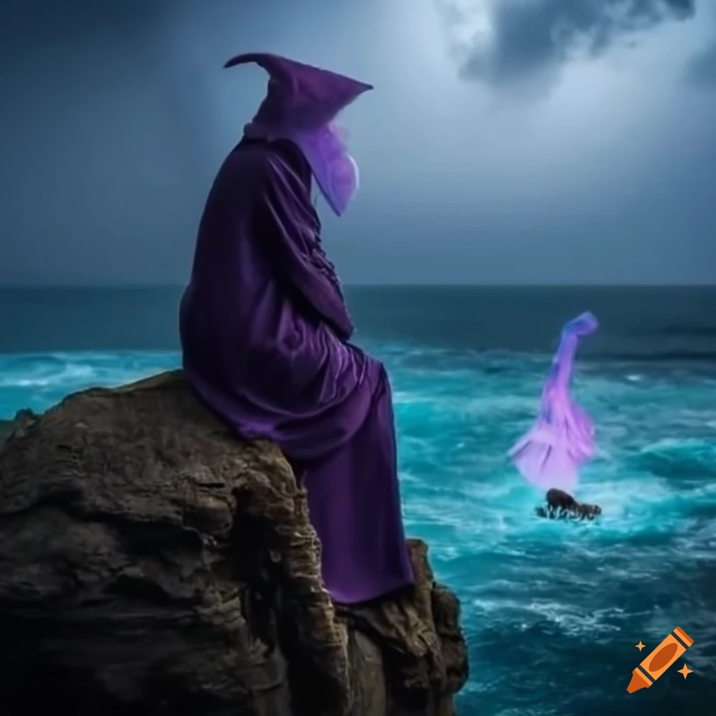 Sad wizard sitting on a cliff overlooking a raging ocean in a ...