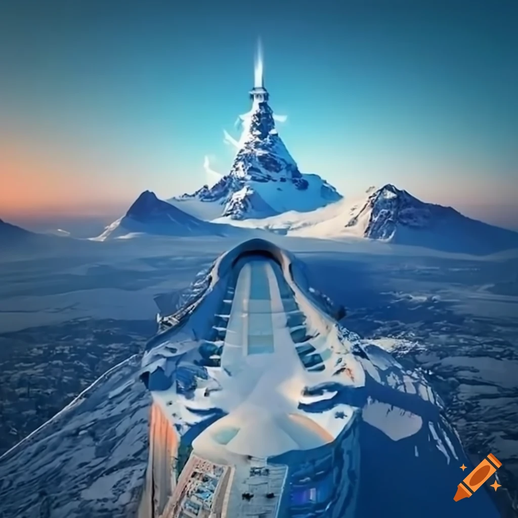 Futuristic fortress in a snow-capped mountain reaching the stratosphere ...