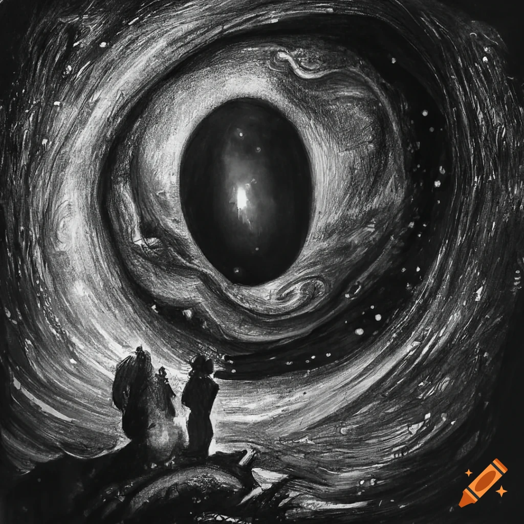 Mystical eyes in space depicted in a black ink pencil sketch on Craiyon