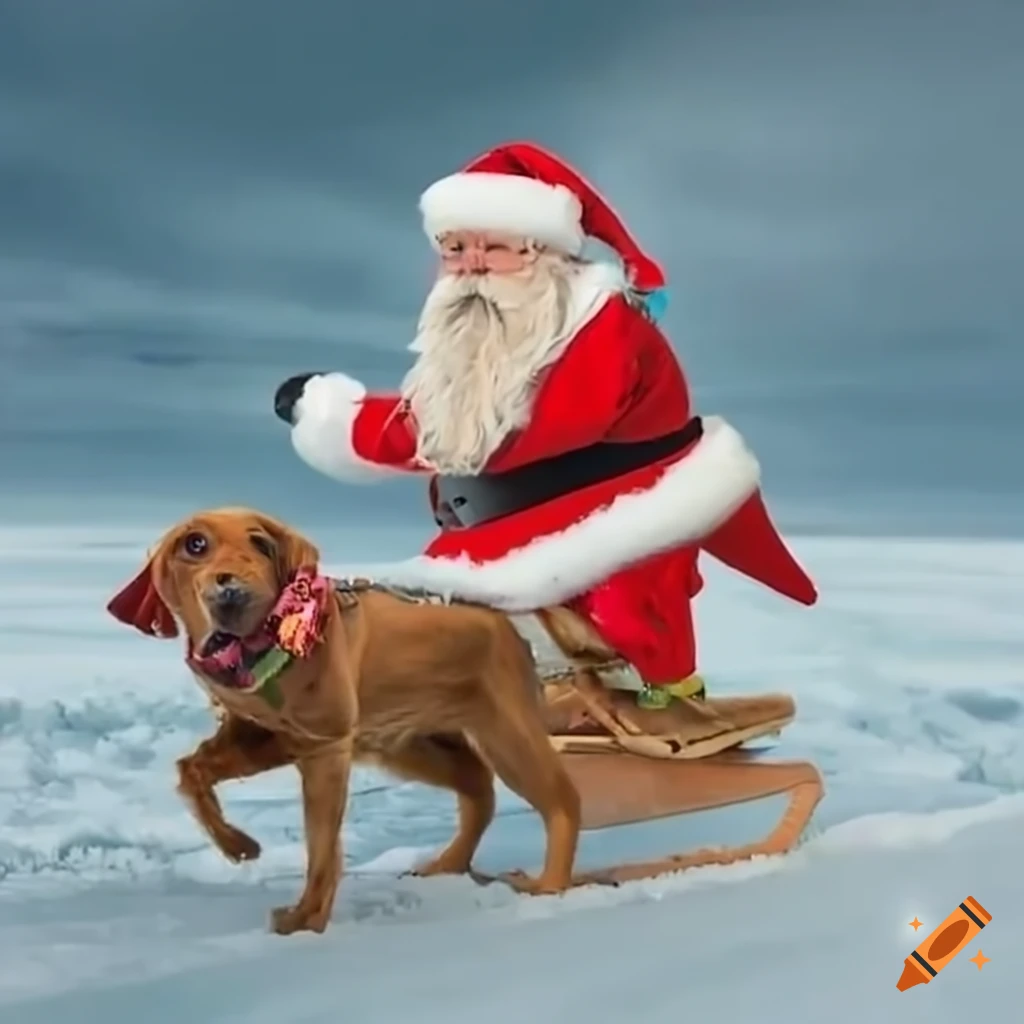 Santa in a sleigh pulled by 8 yellow Labradors Retrievers on Craiyon