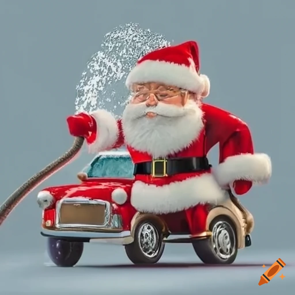 Santa claus washing car with a hose on Craiyon
