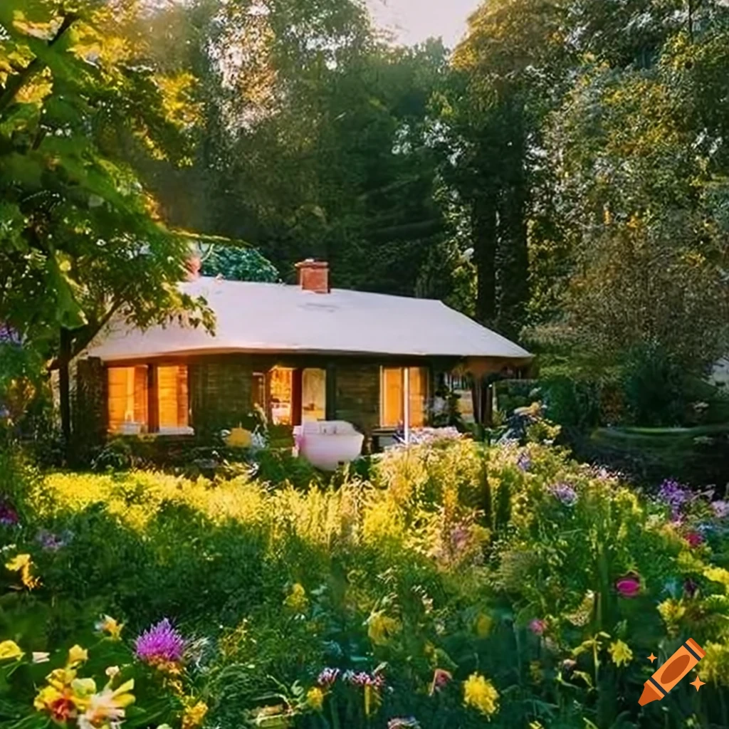 Cozy cottage surrounded by blooming flowers in a vibrant garden on Craiyon
