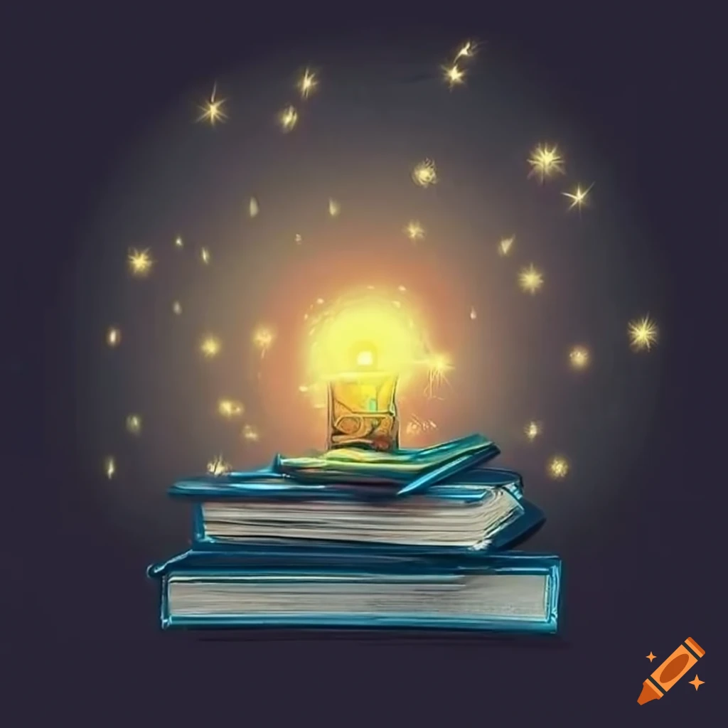 Pile of books emitting a magical glow on Craiyon