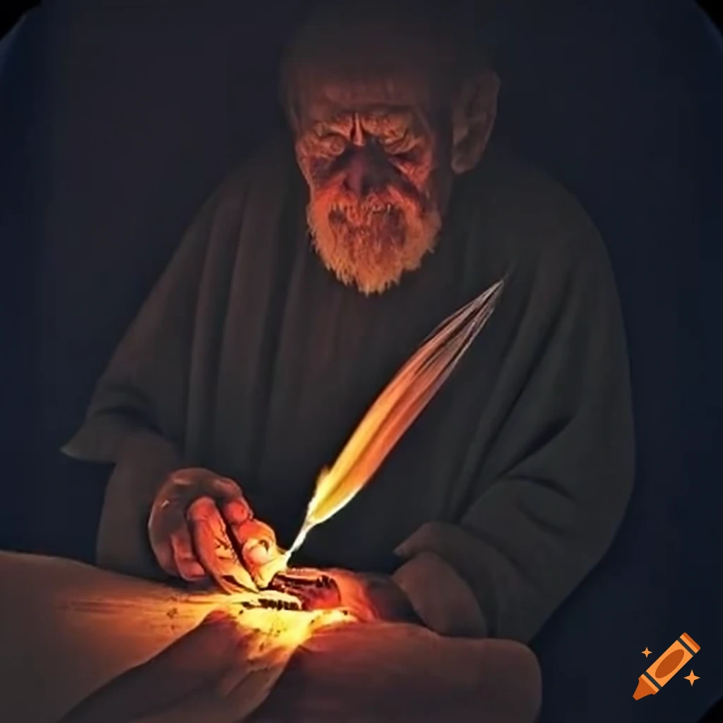 Glow in the dark ink flowing on ancient parchment as a wise man writes ...