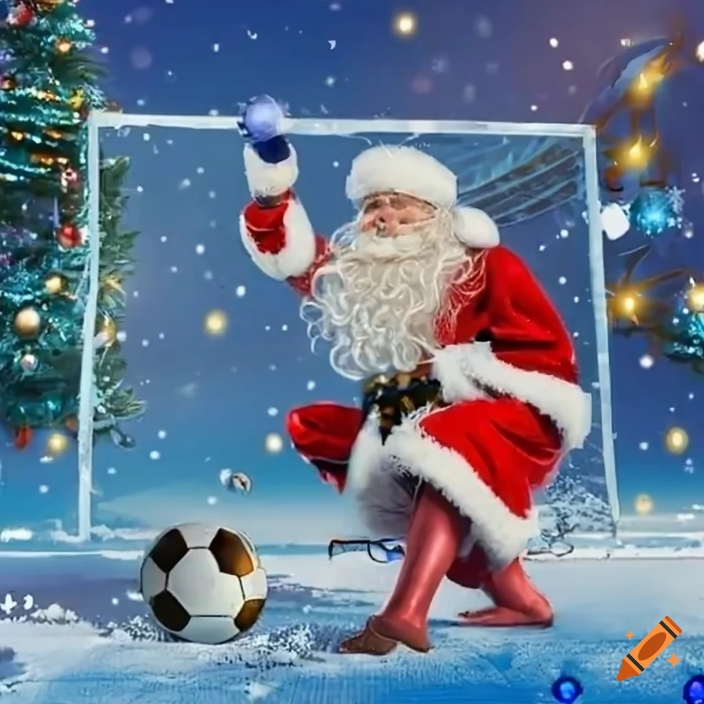 Santa claus playing football and scoring a goal with blue and yellow ...
