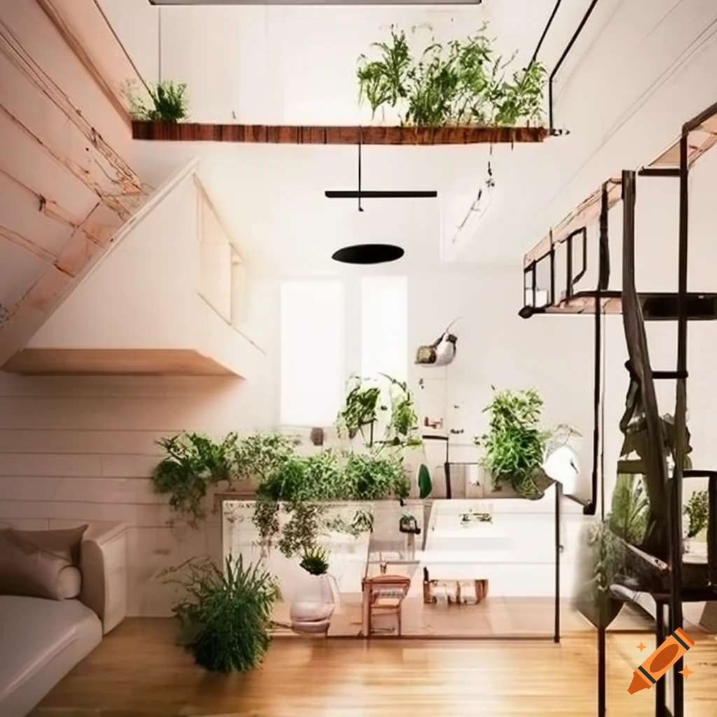 Industrial loft apartment interior design with greenery and cat route ...