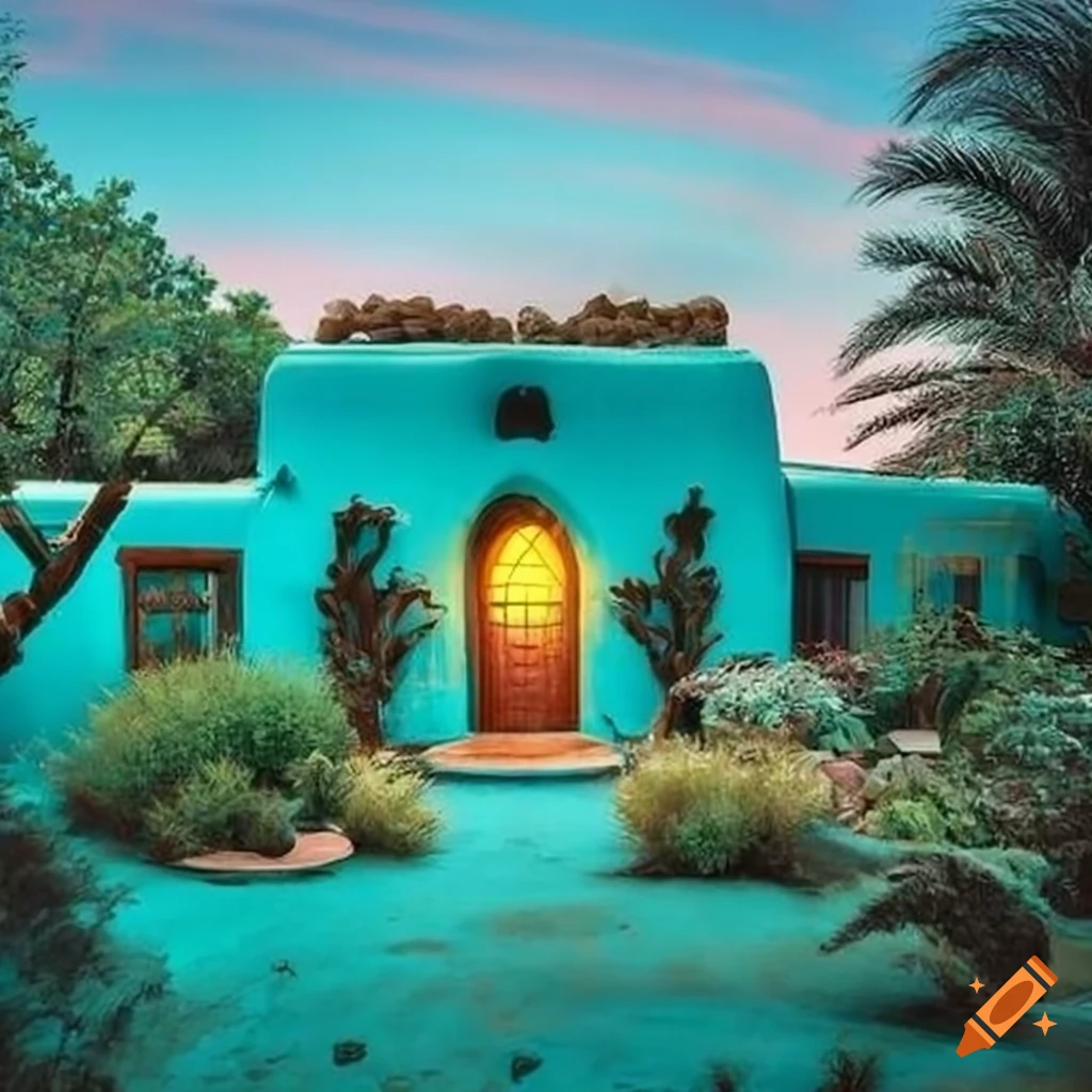 Tiffany blue adobe-style house with a lush garden on Craiyon